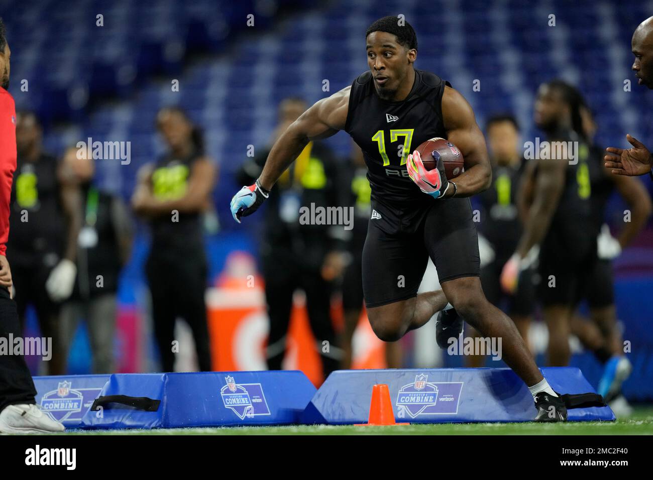 Iowa State running back Breece Hall participates in a drill at the NFL ...