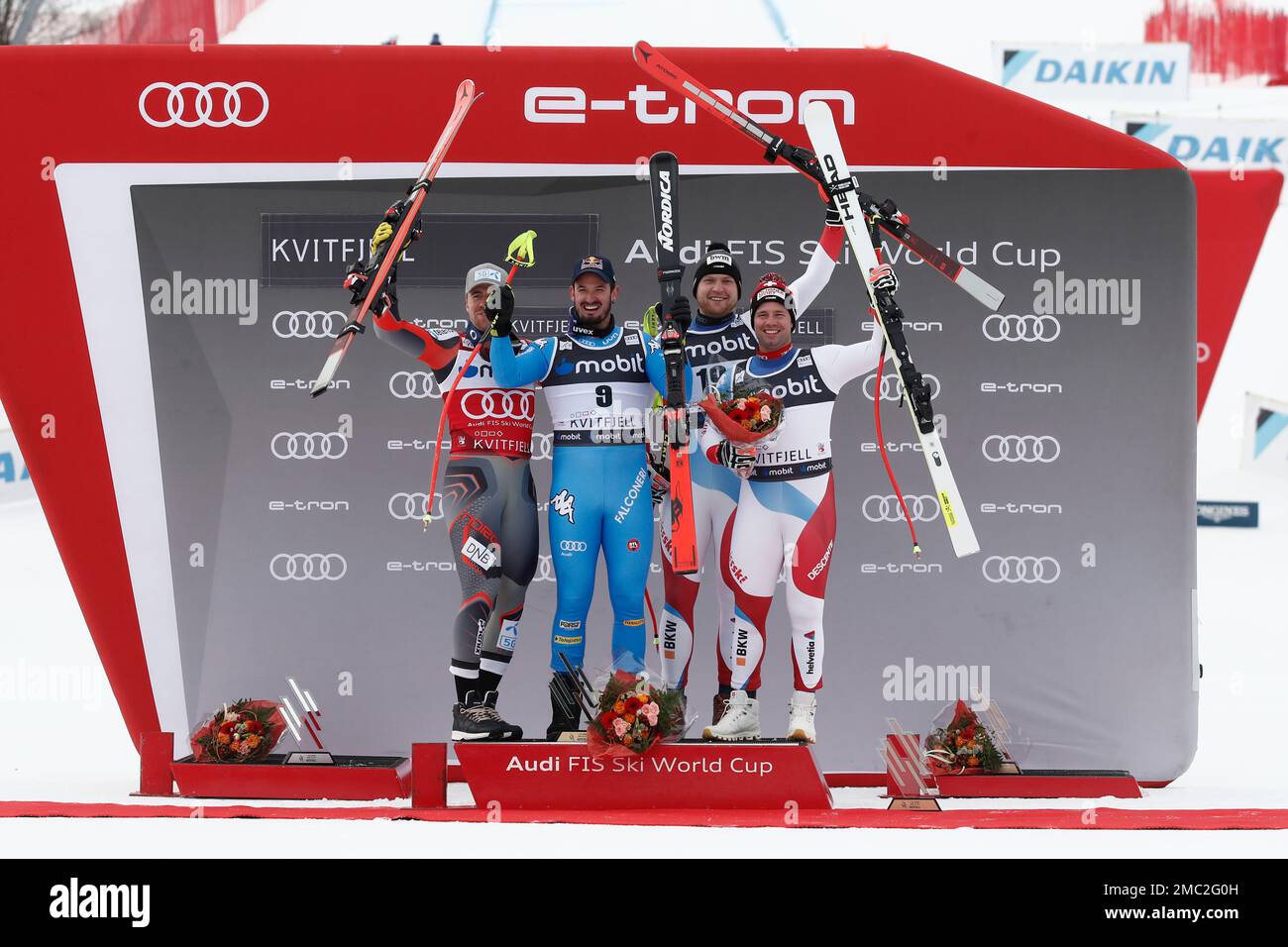 Italy's Dominik Paris, center, winner of an alpine ski, World Cup men's ...