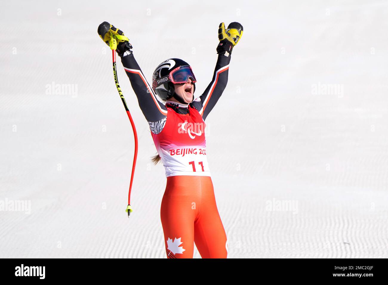 Mollie Jepsen of Canada celebrates after finished the fastest time in ...