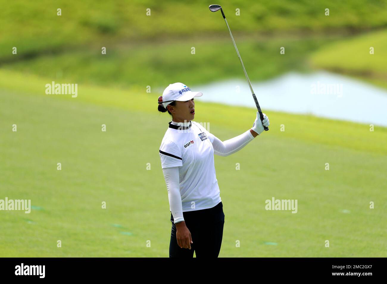 Amy Yang of South Korea reacts after playing a shot on the fifth hole ...