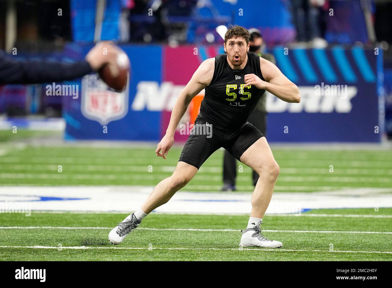 North Dakota offensive lineman Matt Waletzko runs a drill during the ...