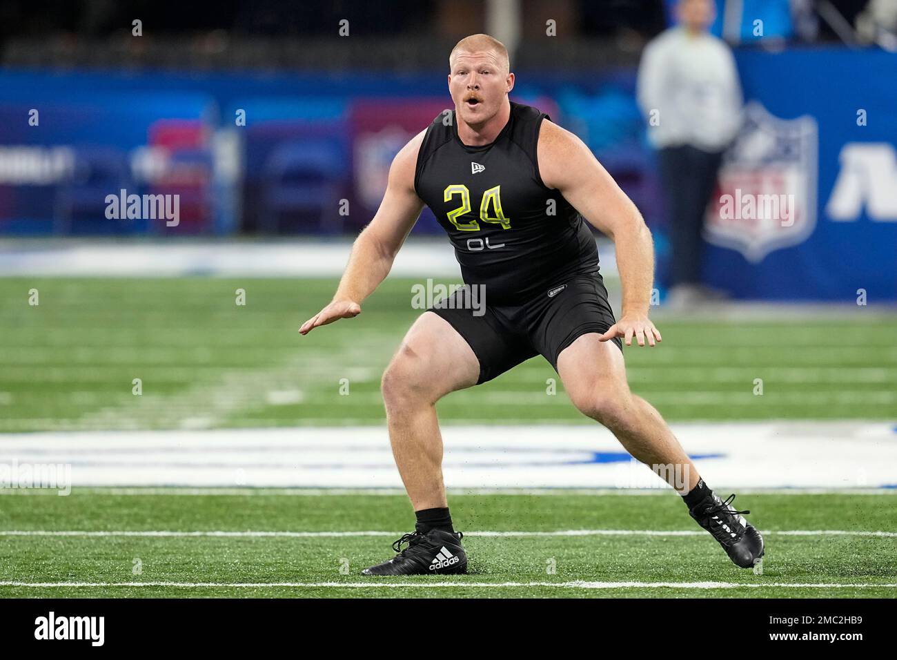 Nebraska offensive lineman Cam Jurgens runs a drill during the NFL ...
