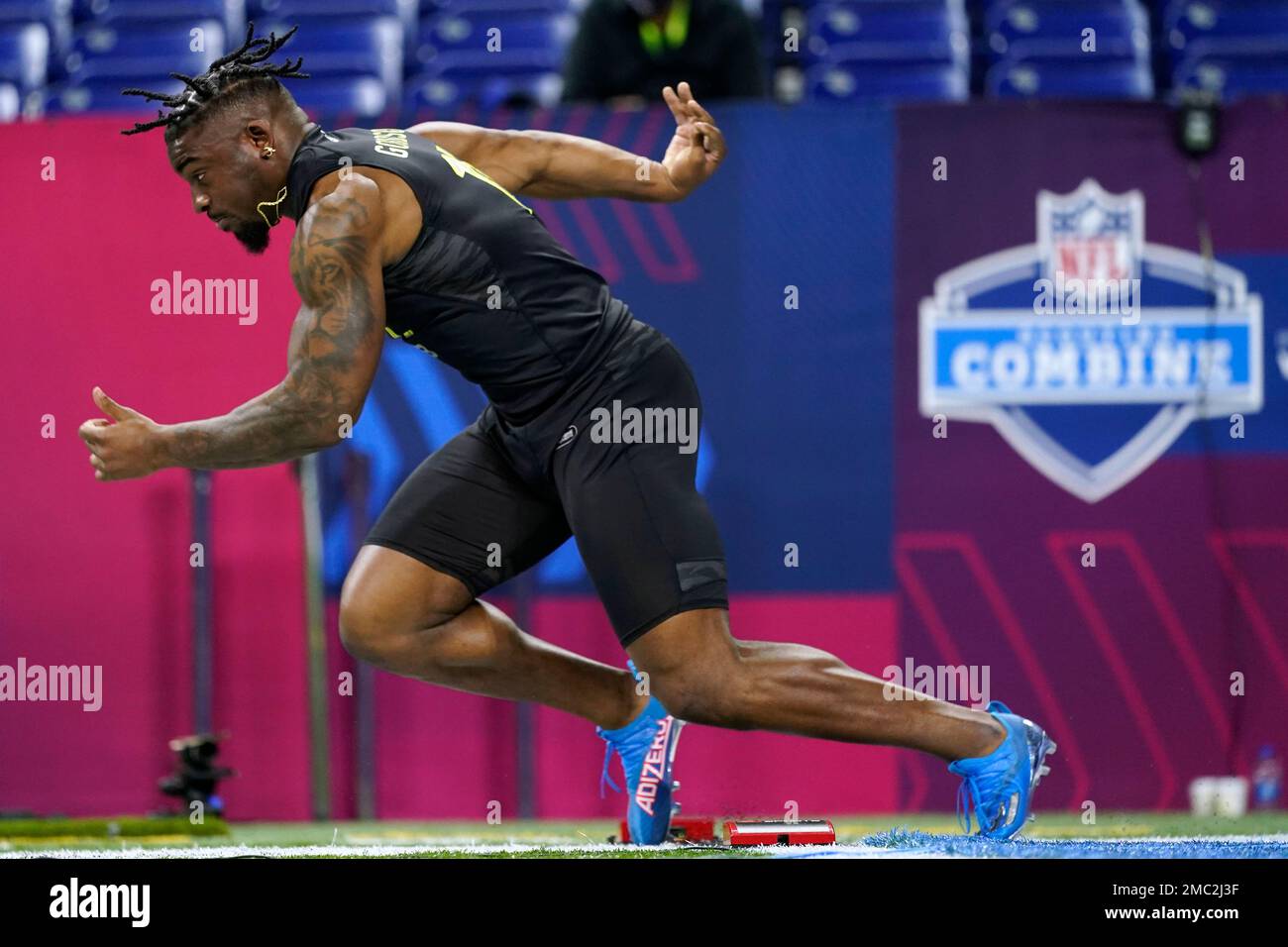 Iowa running back Tyler Goodson runs the 40-yard dash at the NFL ...