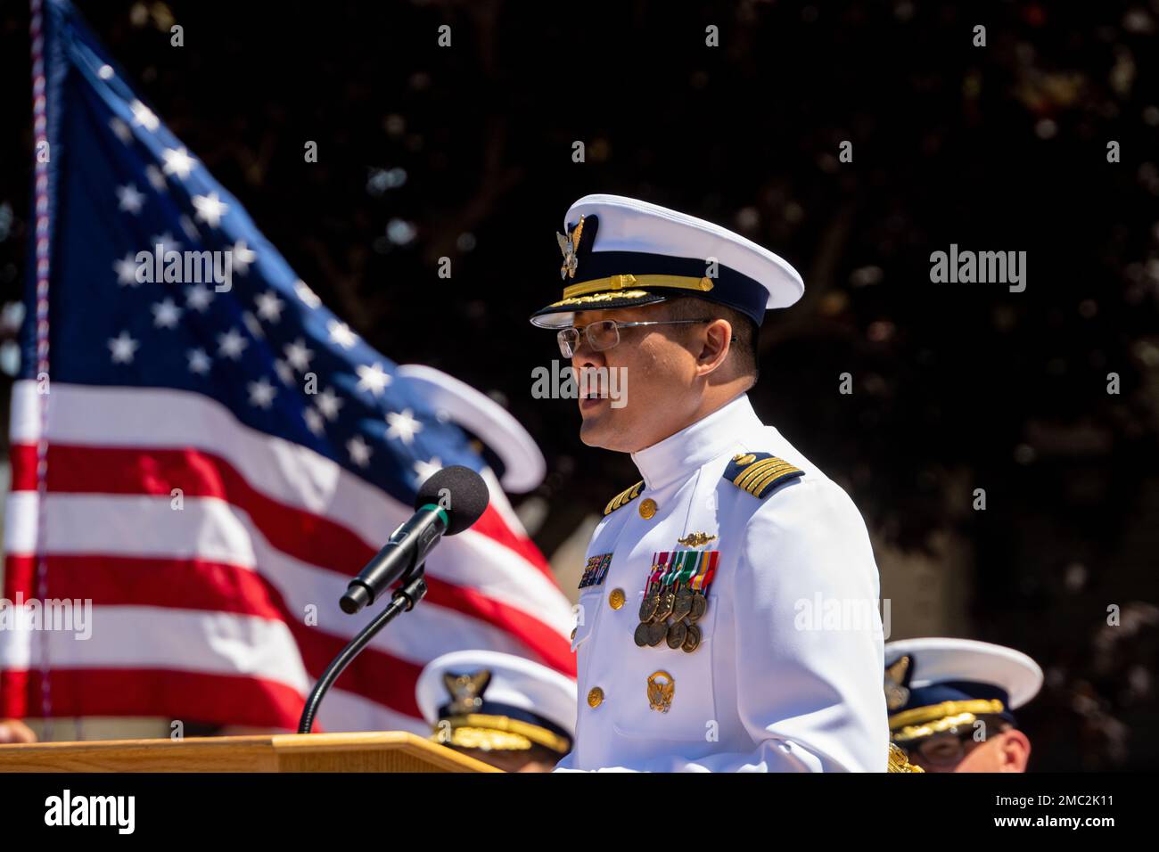 U.S. Coast Guard Capt. Matthew Chong speaks during a change of command ...