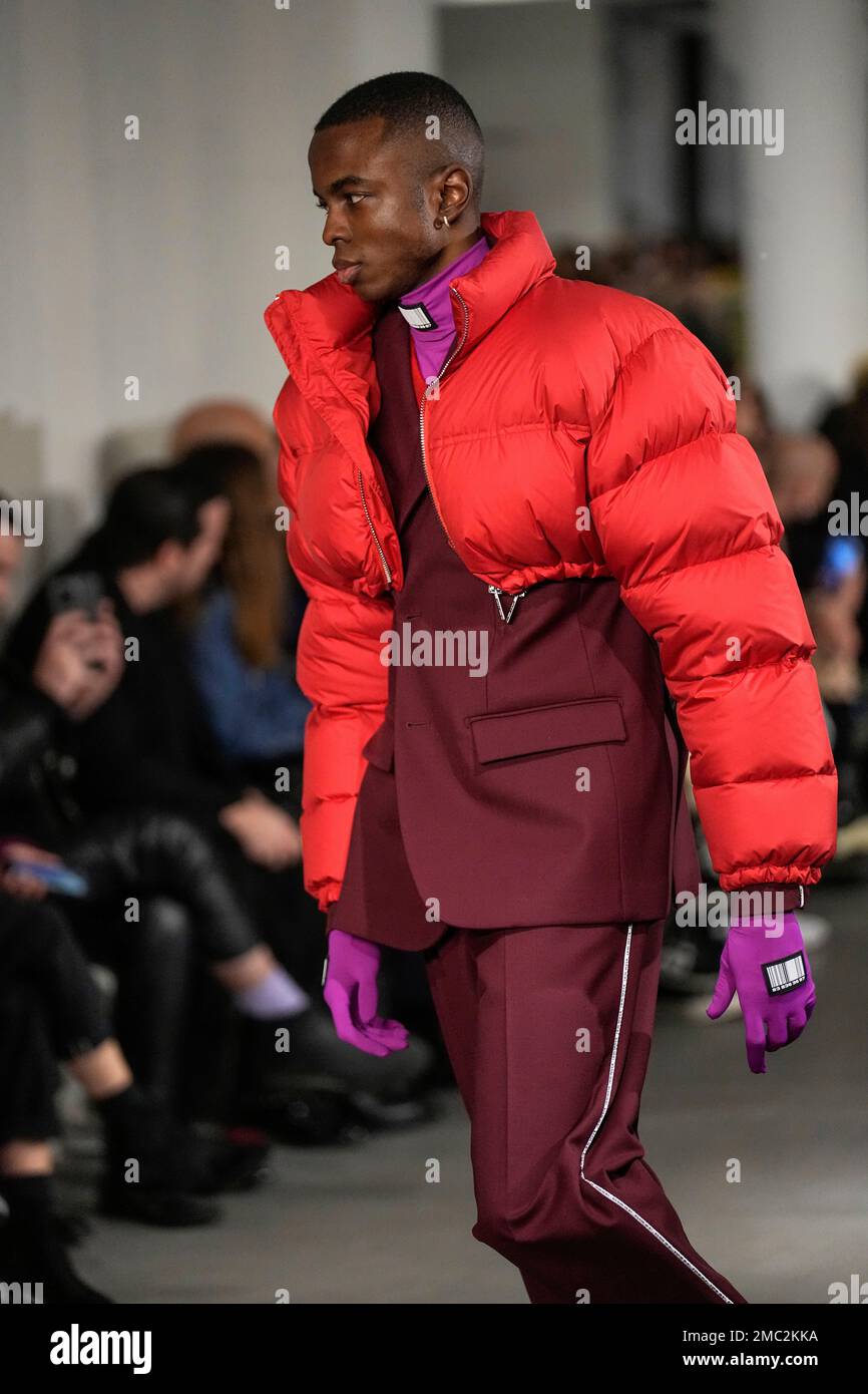 A model wears a creation as part of the VTMNTS Ready To Wear Fall ...