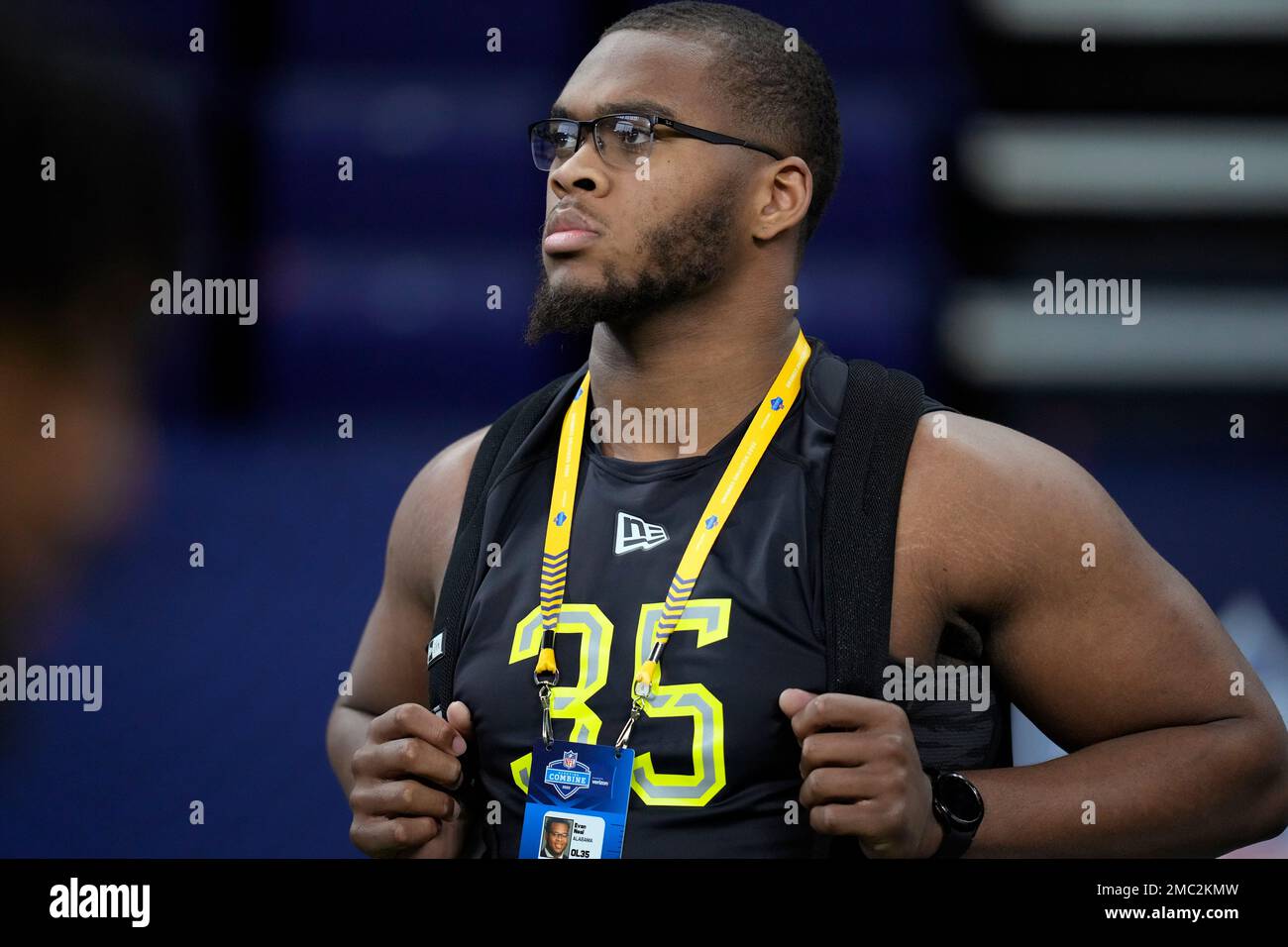 Alabama offensive lineman Evan Neal watches a drill at the NFL football ...