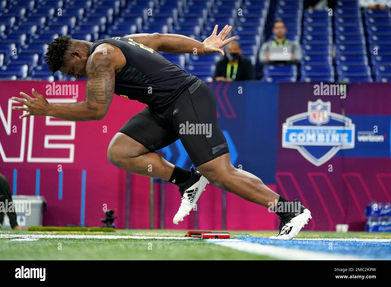 Boston College offensive lineman Zion Johnson runs the 40-yard dash at ...