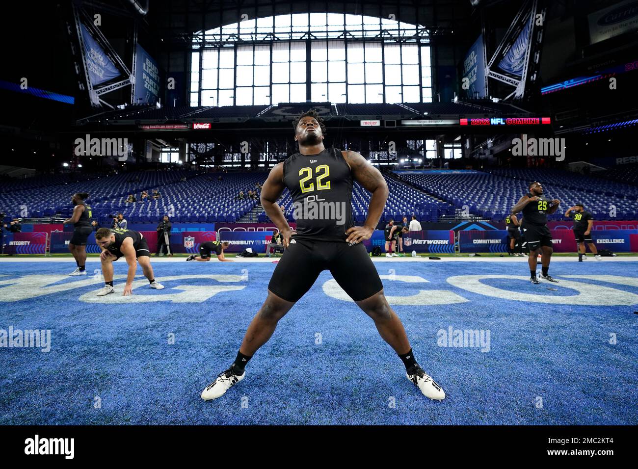 Boston College offensive lineman Zion Johnson warms up for the 40-yard ...
