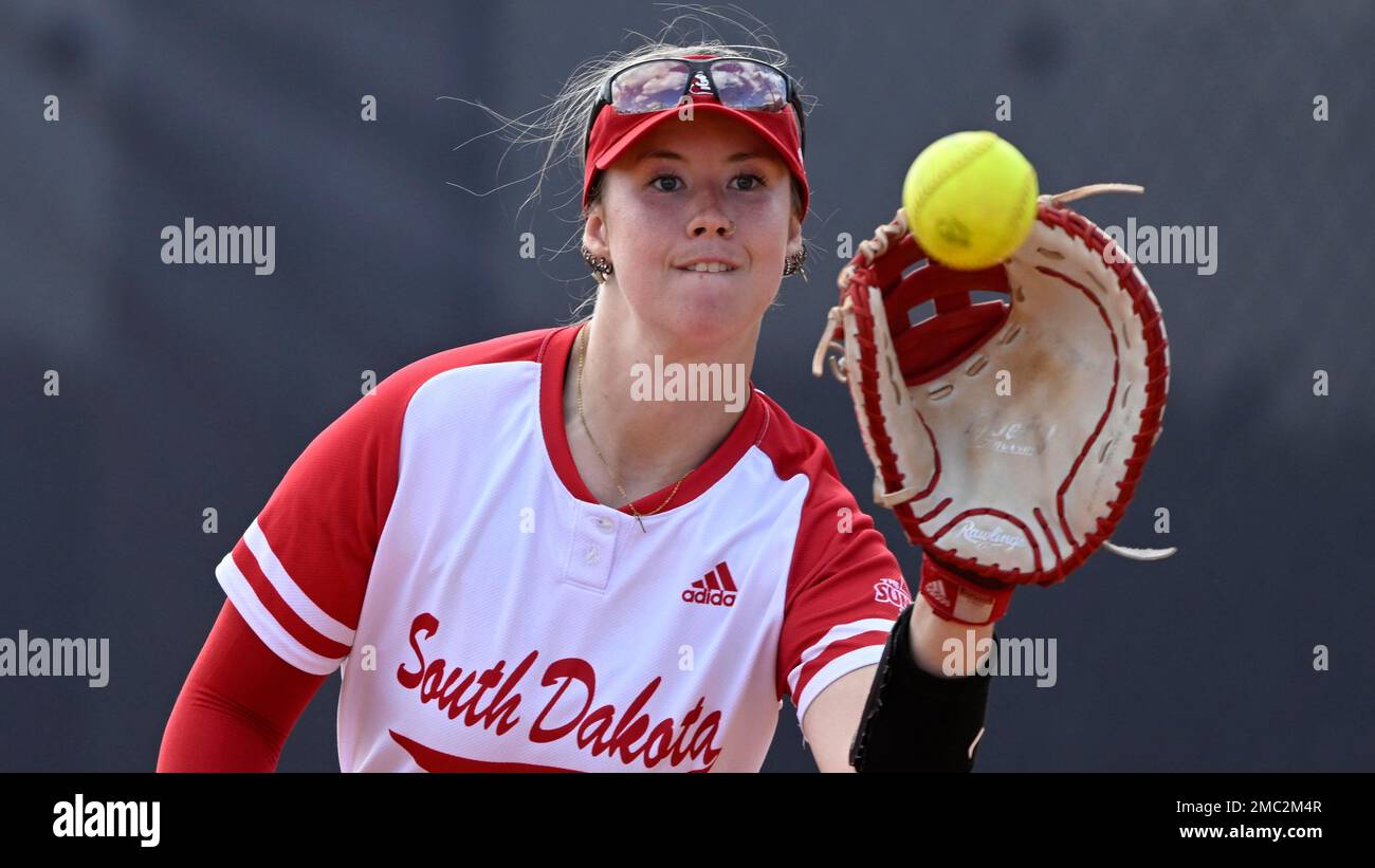 South Dakota's Jadyn DeWitte catches during an NCAA softball game on ...