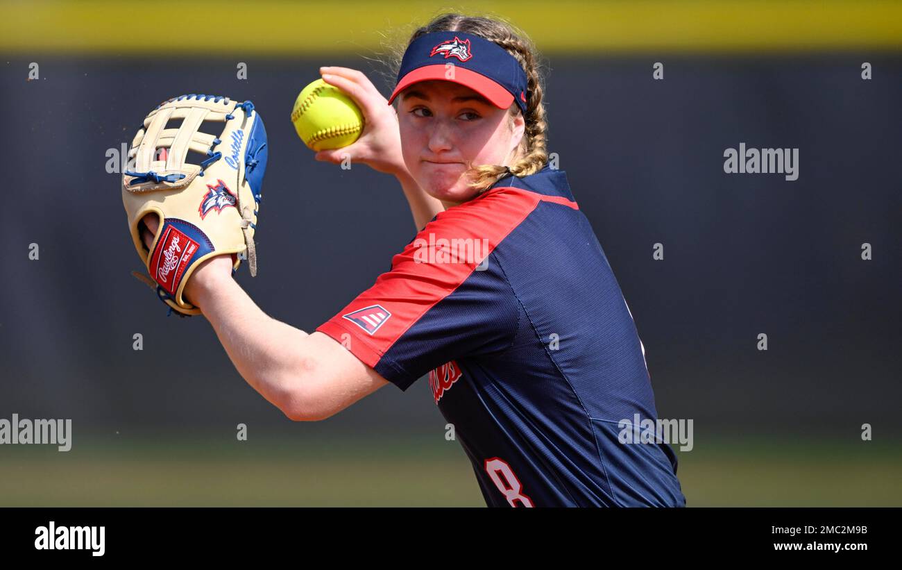 Stony Brooks' Alyssa Costello throws during an NCAA softball game on ...