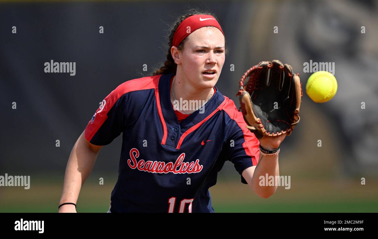 Stony Brooks' Nicole Mccarvill catches during an NCAA softball game on ...