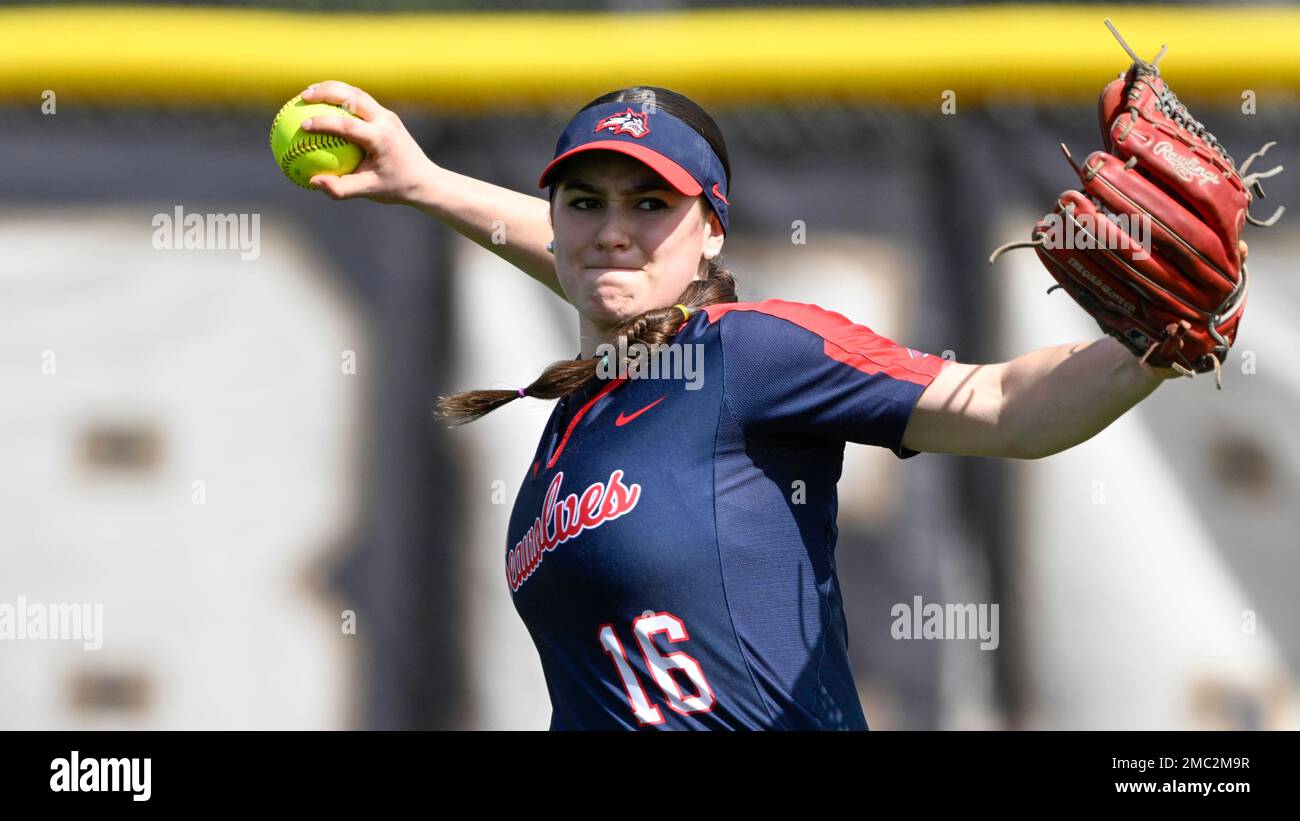 Stony Brooks' Catherine Kupinski throws during an NCAA softball game on ...