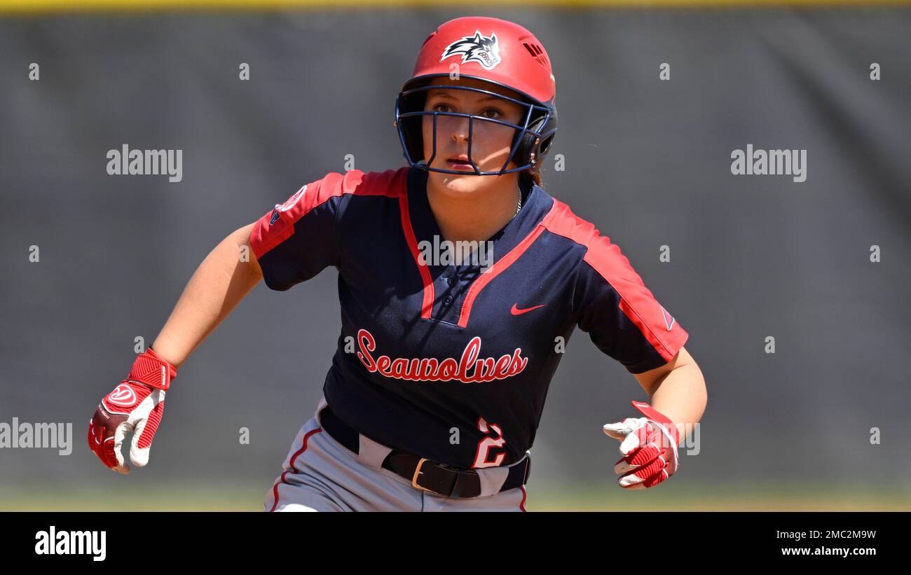Stony Brooks' Sofia Chambers watches the batter during an NCAA softball ...