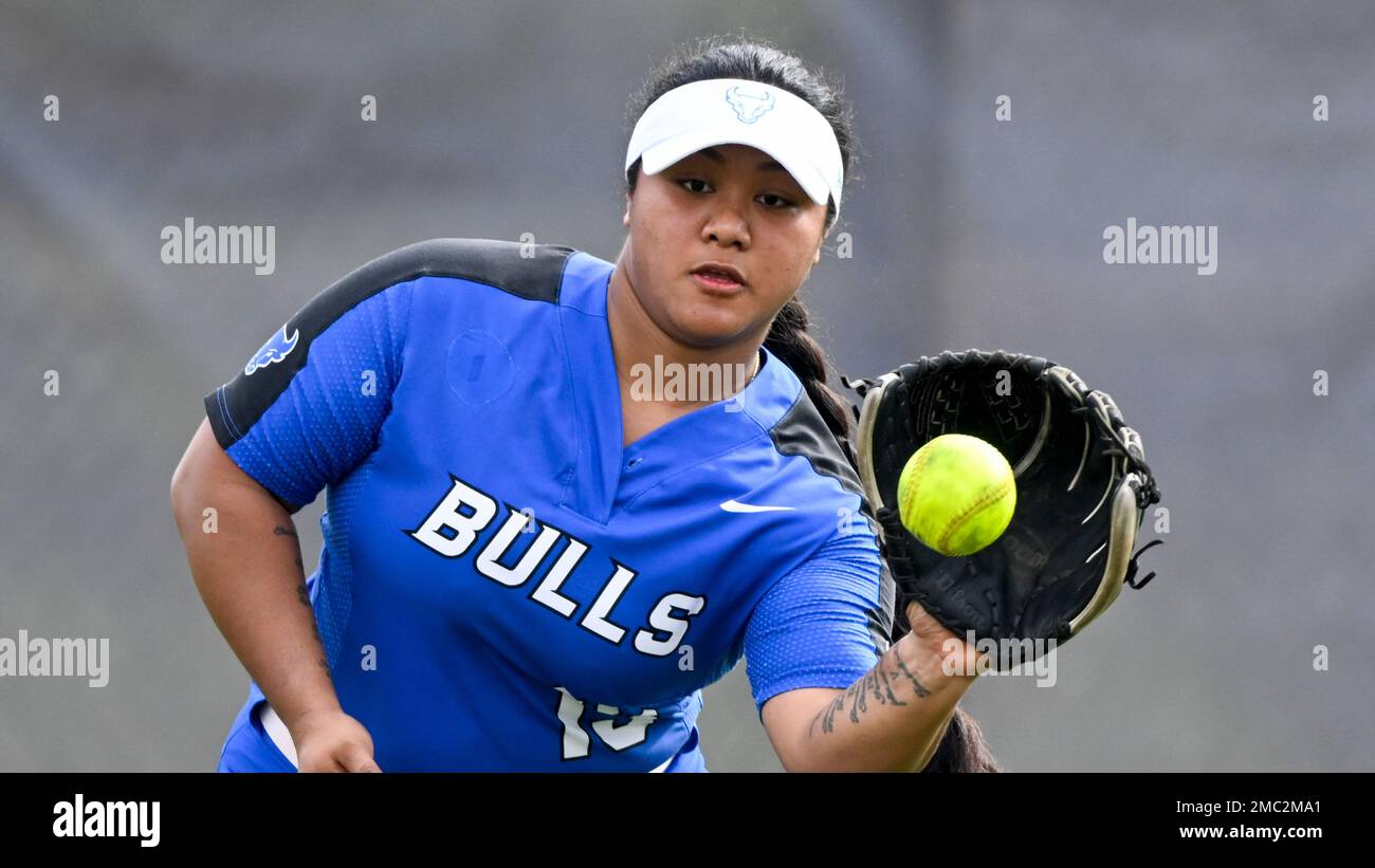 Buffalo's Anna Aguon catches during an NCAA softball game on Saturday ...