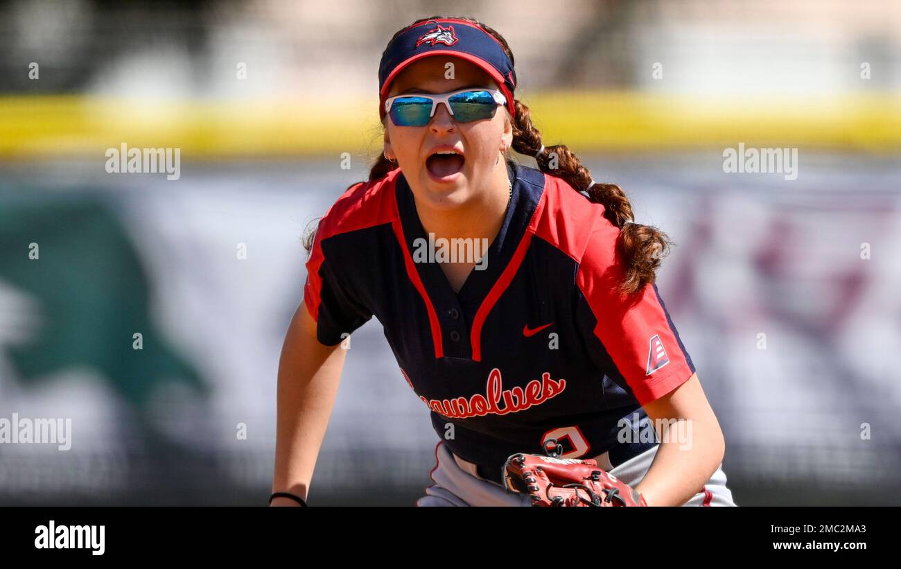 Stony Brooks' Sofia Chambers watches the batter during an NCAA softball ...