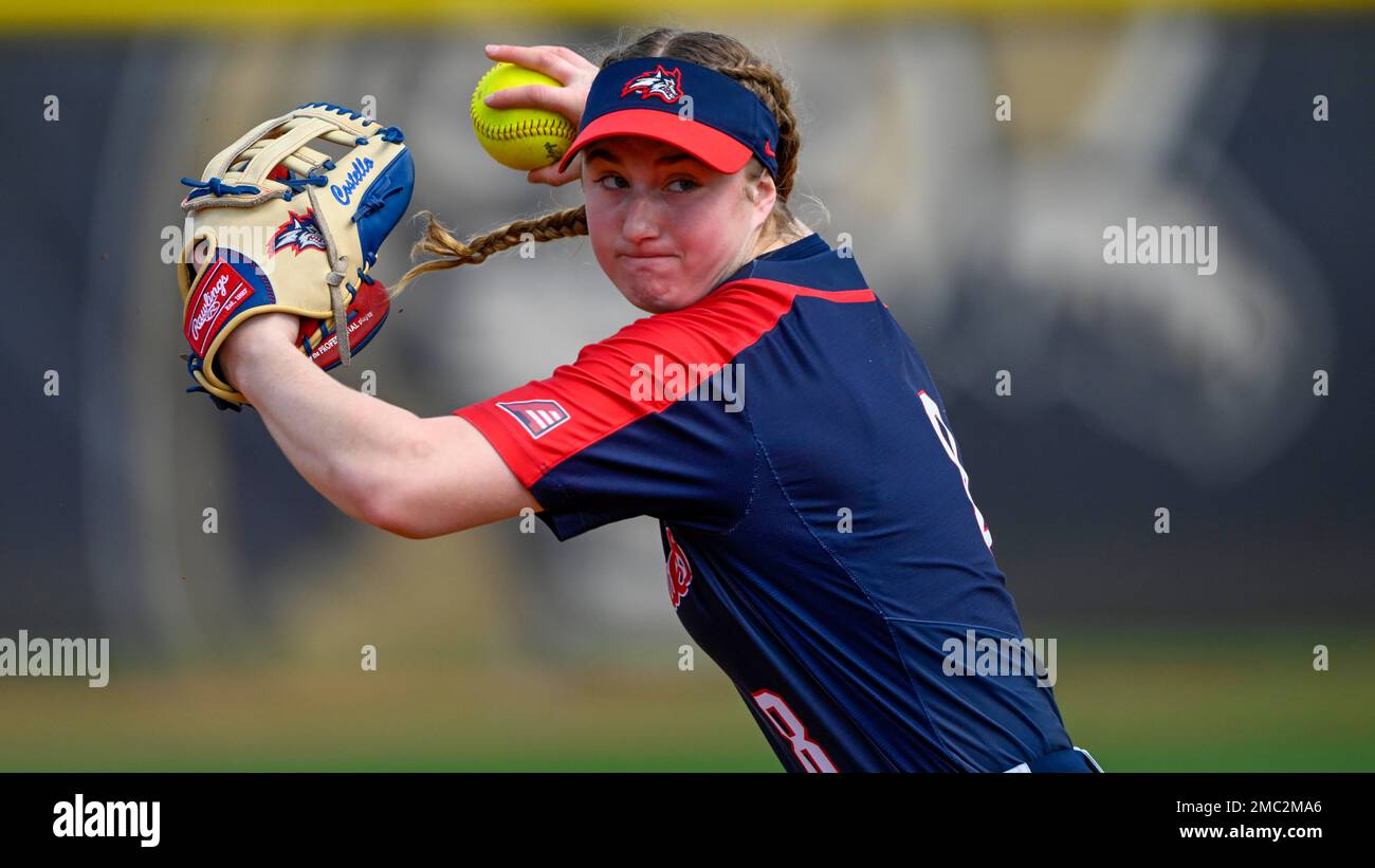 Stony Brooks' Alyssa Costello throws during an NCAA softball game on ...