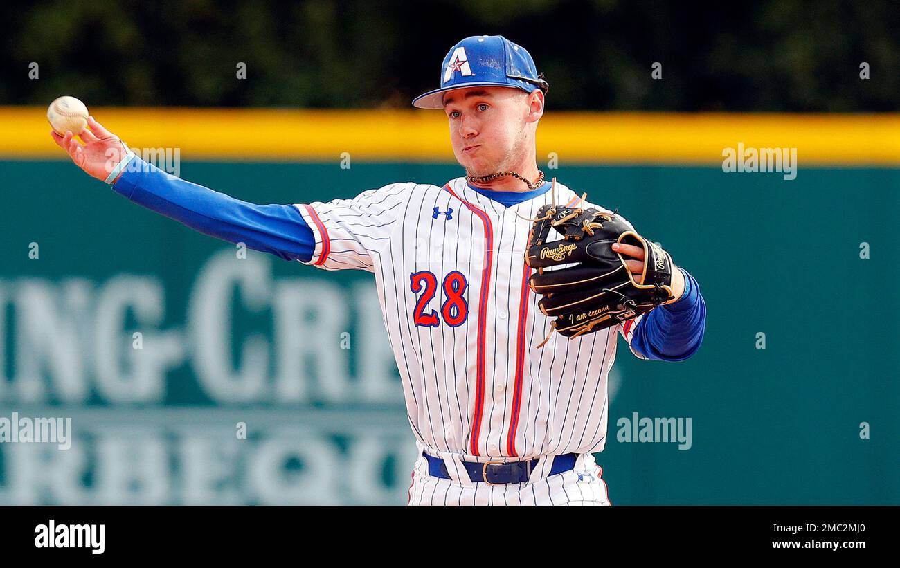 UT Arlington infielder Tanner Rice (28) throws to first during an NCAA ...
