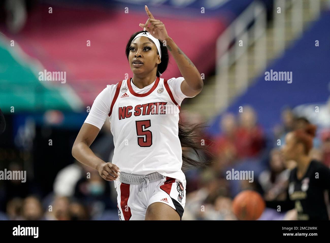 North Carolina State forward Jada Boyd (5) reacts following a basket ...