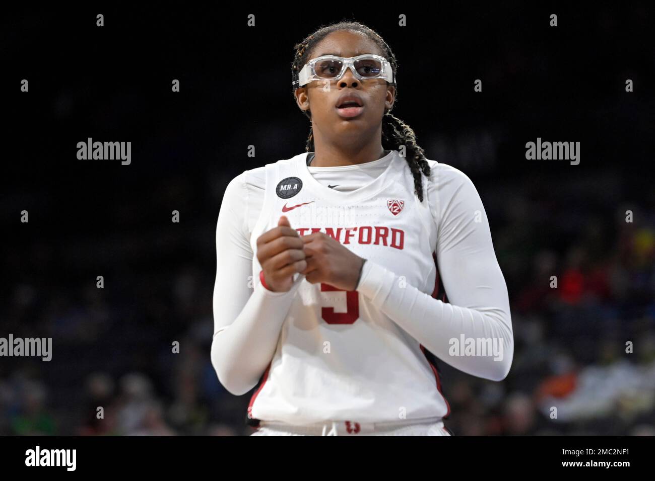 Stanford forward Francesca Belibi (5) looks on during an NCAA college ...