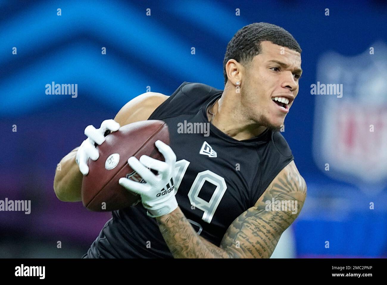 Western Michigan wide receiver Skyy Moore runs a drill during the NFL ...