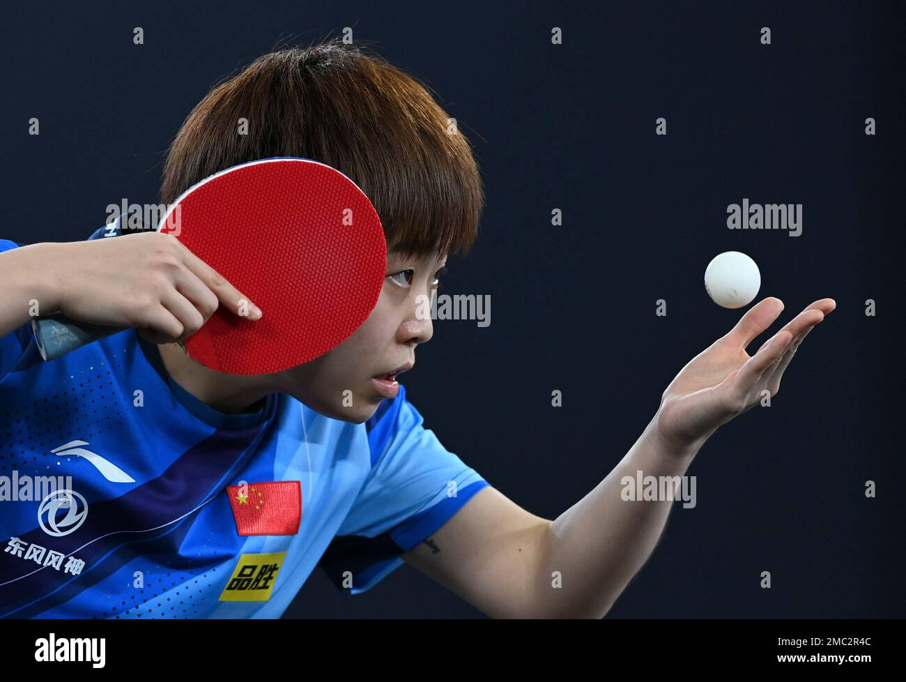 Doha, Qatar. 21st Jan, 2023. Zhang Rui serves during the women's ...
