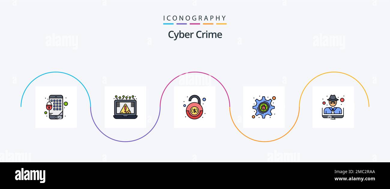 Cyber Crime Line Filled Flat 5 Icon Pack Including hacker. setting bug ...