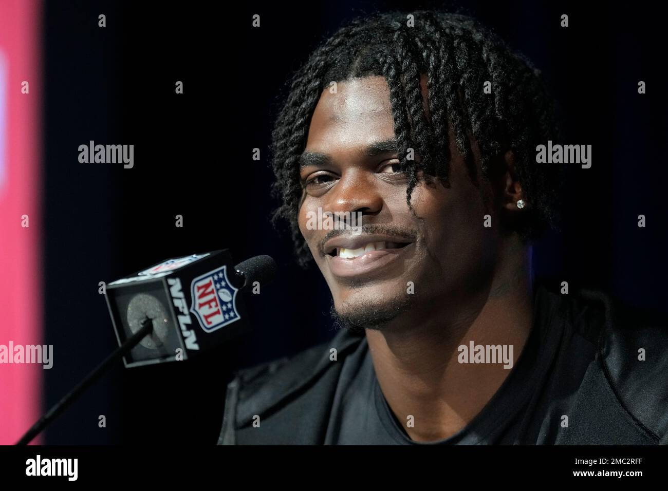Western Kentucky defensive lineman Deangelo Malone speaks during a ...