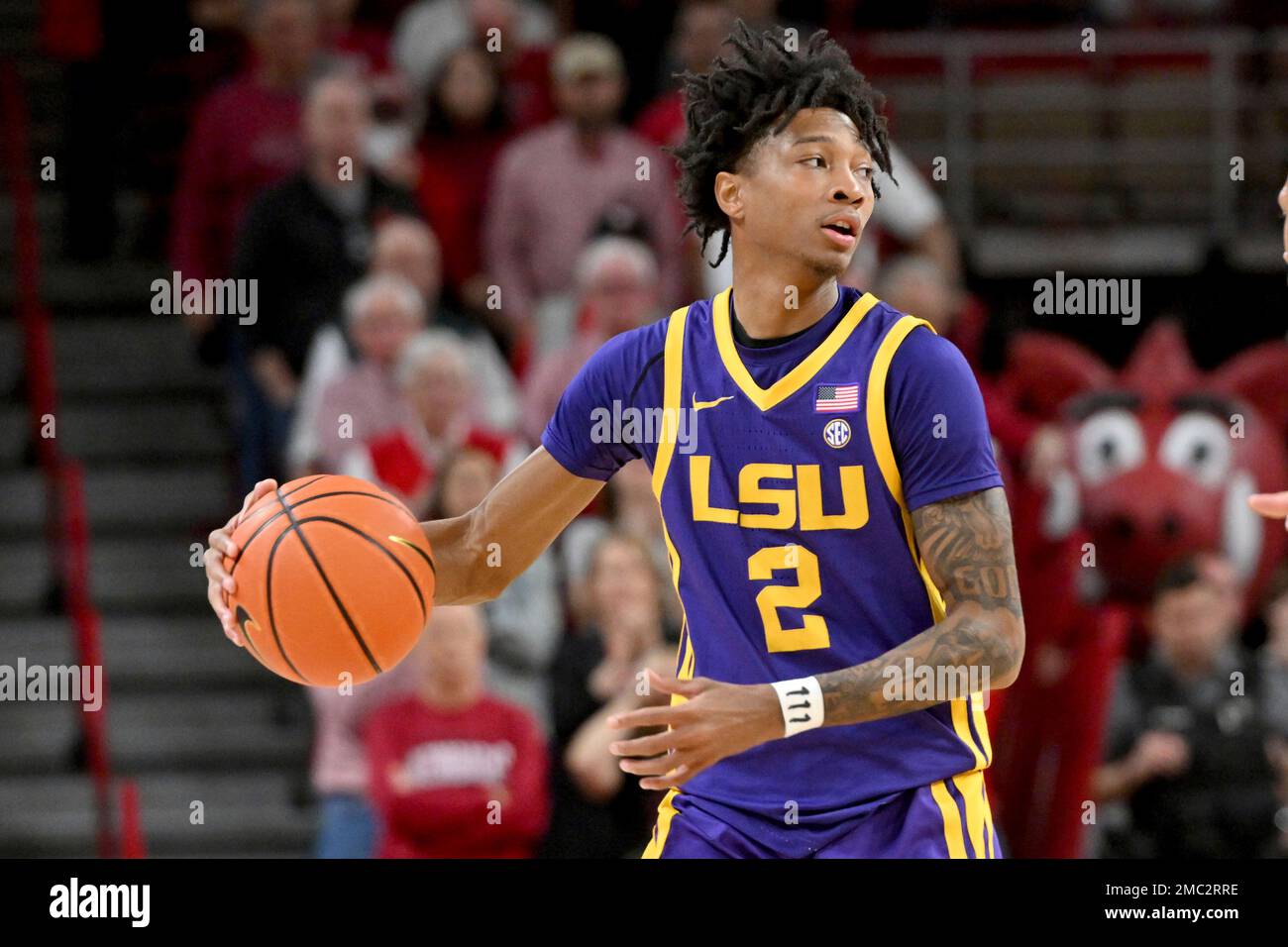 LSU guard Eric Gaines (2) runs a play against Arkansas during the ...