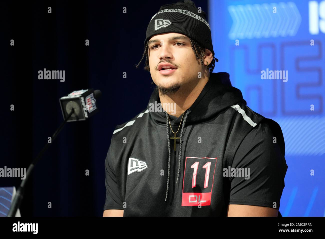 Houston defensive lineman Logan Hall speaks during a press conference ...