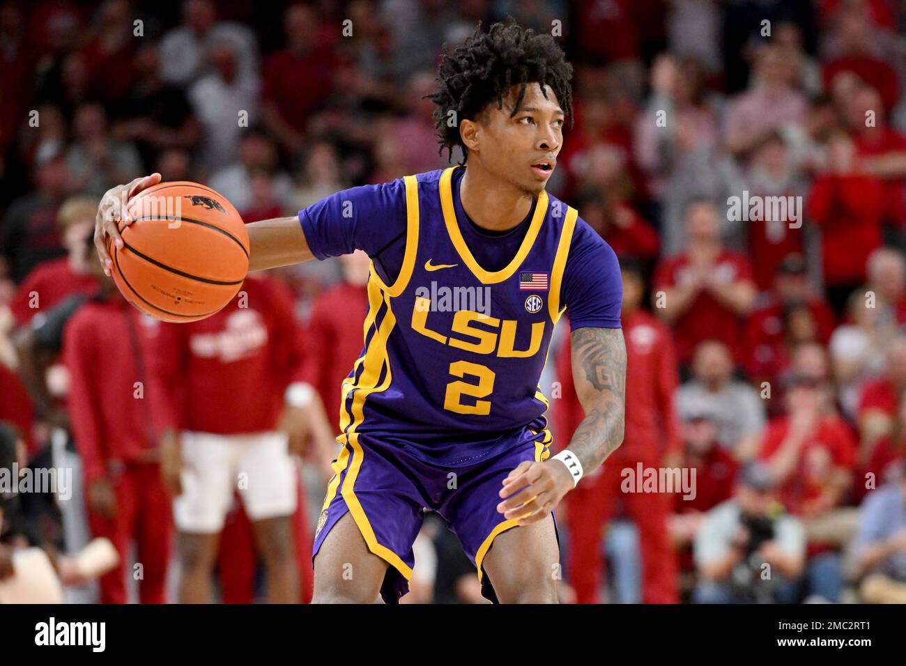 LSU guard Eric Gaines (2) runs a play against Arkansas during the ...