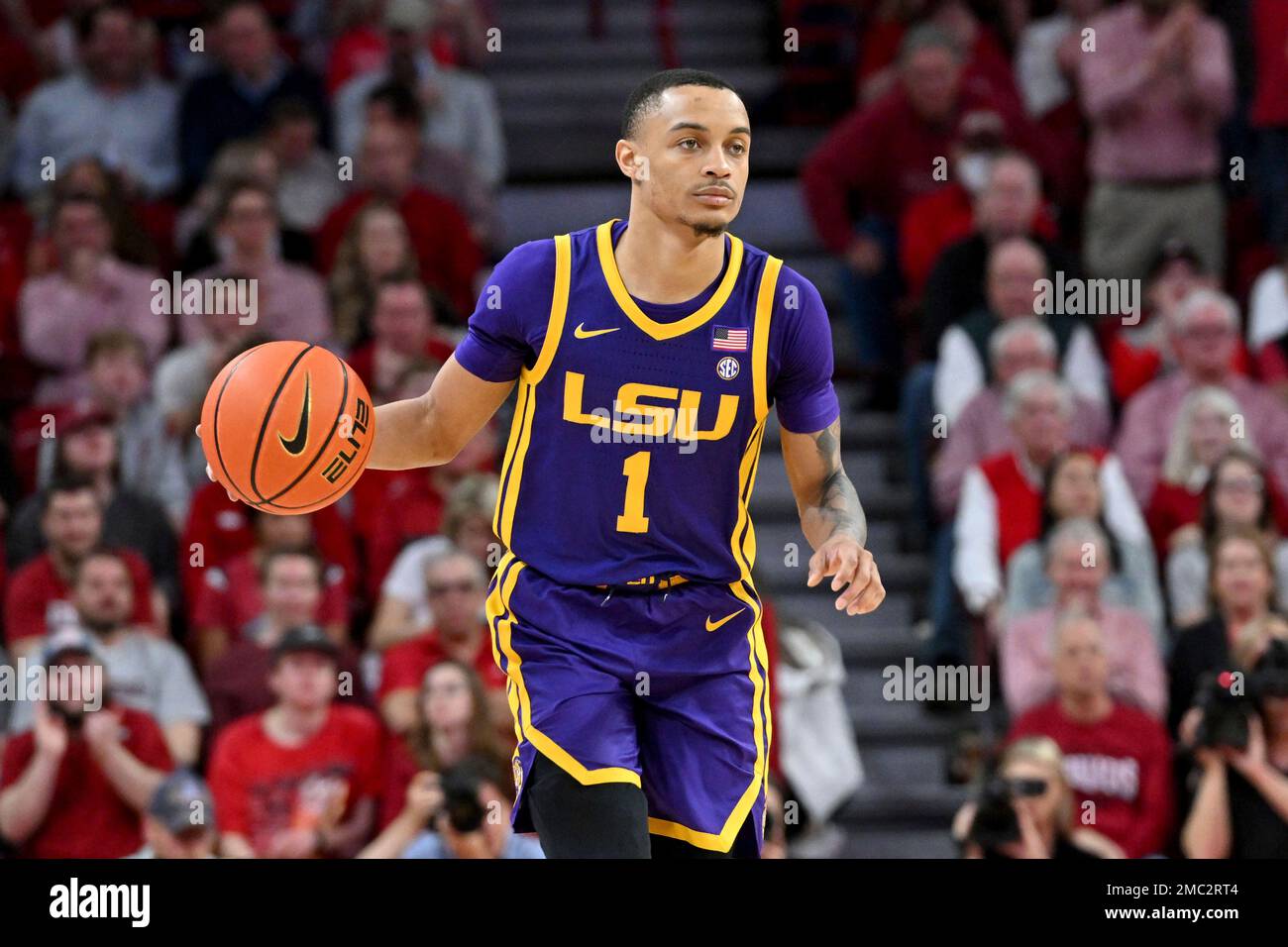 LSU guard Xavier Pinson (1) runs a play against Arkansas during the ...