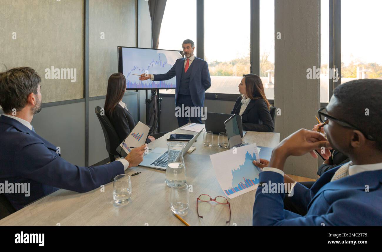 Business meeting for presenting business plan information at office ...