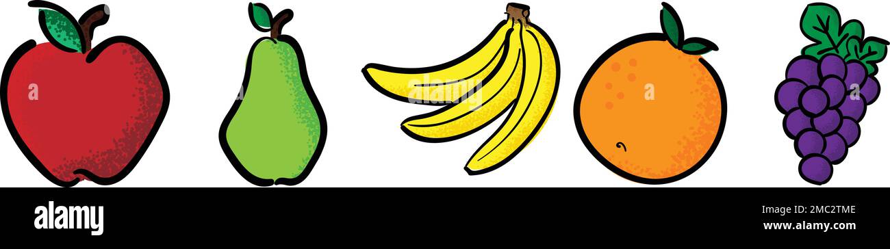 Stylized set of fruit graphics; colorful apple, pear, banana, orange ...