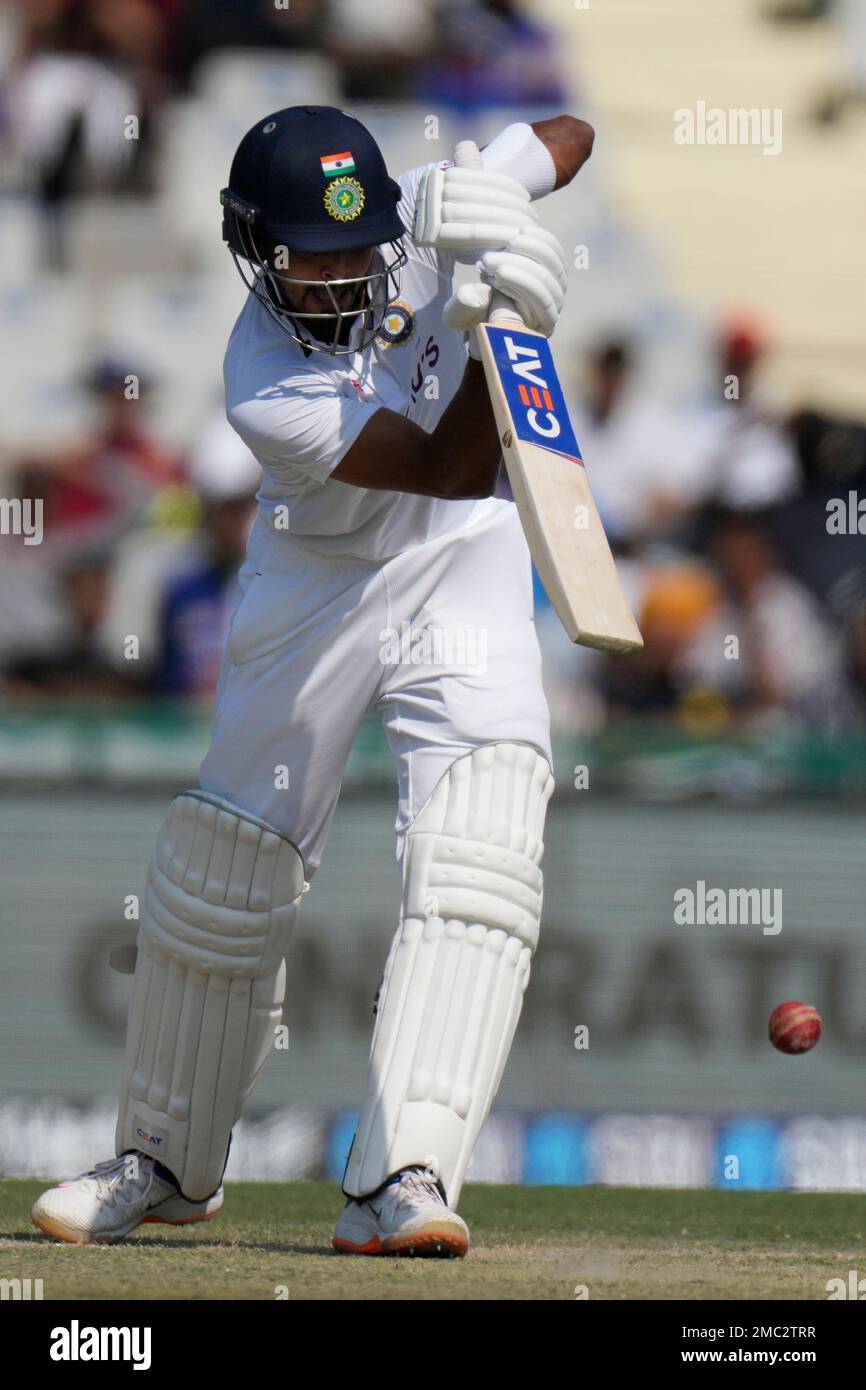 India's Shreyas Iyer plays a shot during the first test match between ...