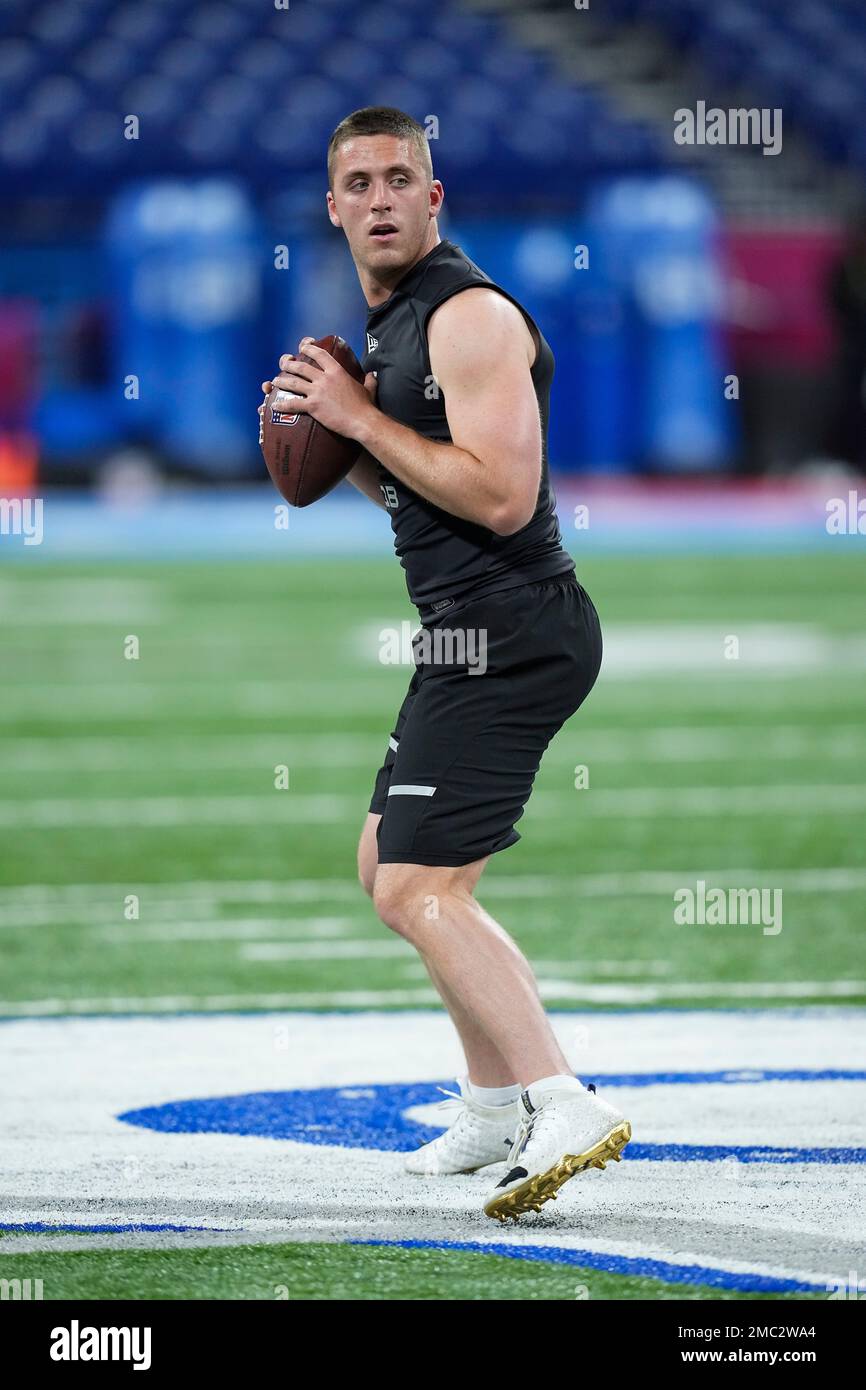 Notre Dame quarterback Jack Coan runs a drill during the NFL football ...