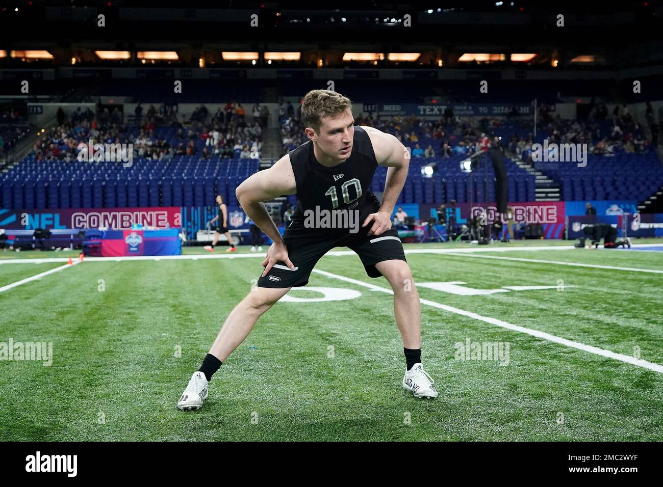 Brown quarterback EJ Perry (10) warms up at the NFL football scouting ...