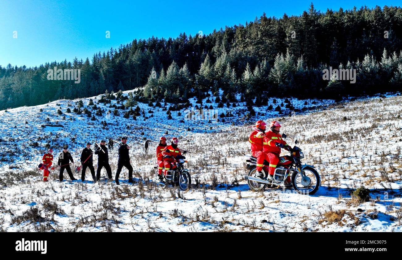 ZHANGYE, CHIAN - JANUARY 21, 2023 - Forest rangers and police patrol ...