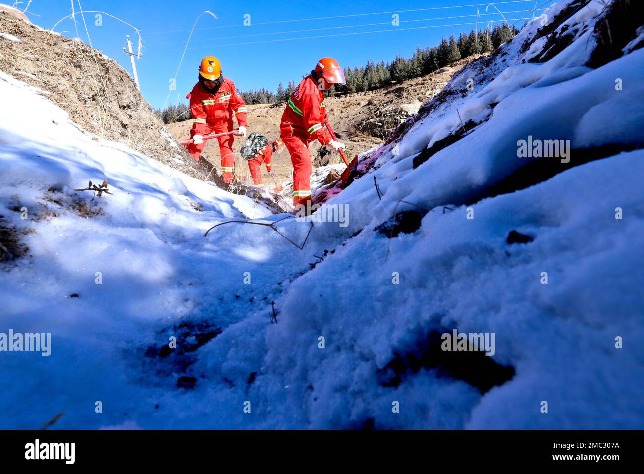 ZHANGYE, CHIAN - JANUARY 21, 2023 - Forest rangers and police patrol ...
