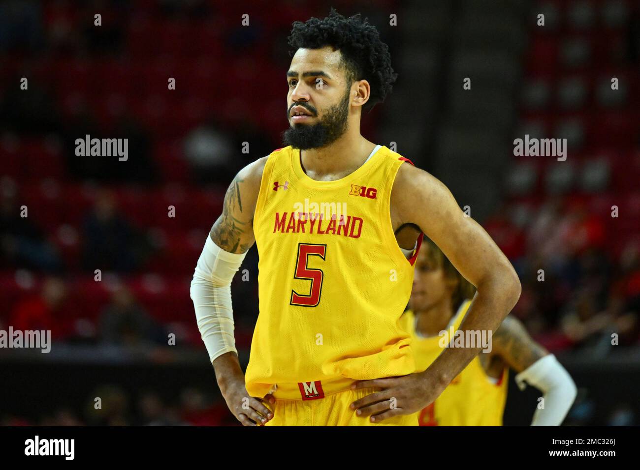 Maryland guard Eric Ayala (5) looks on during the second half of an ...