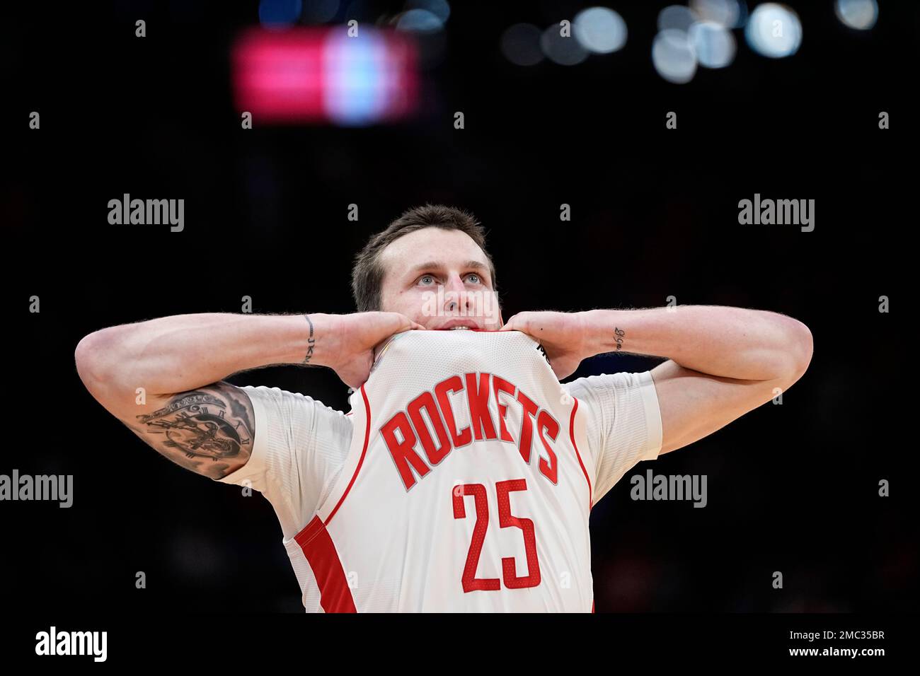 Houston Rockets' Garrison Mathews reacts after missing a shot during ...