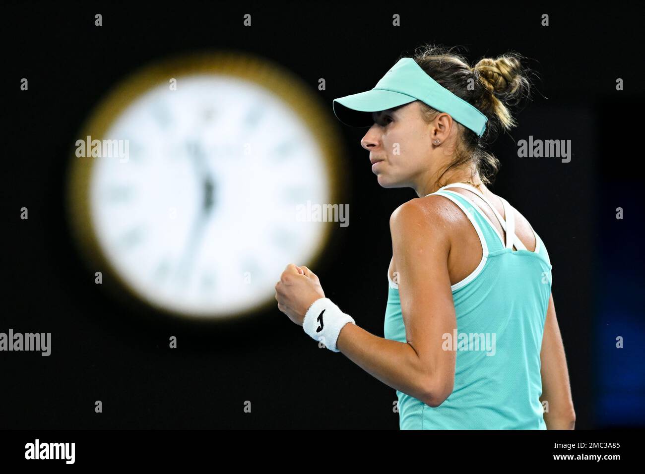 Magda Linette of Poland reacts during her match against Ekaterina ...