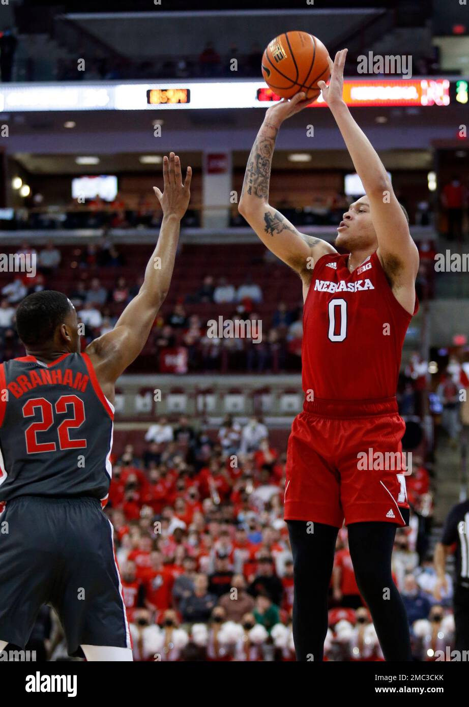 Nebraska guard C.J. Wilcher shoots over Ohio State guard Malaki Branham ...