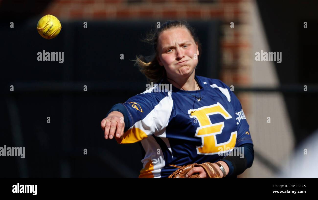 ETSU's Sara Muir throws before an NCAA softball game against Gardner ...