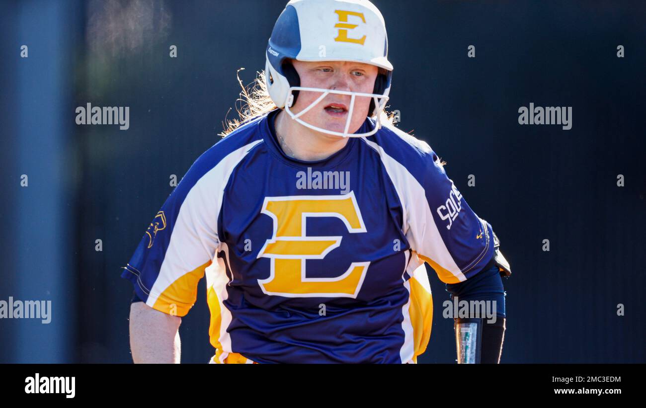 ETSU batter Amber Atkins runs after a hit against Gardner-Webb during ...