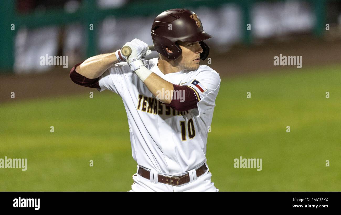 Texas State infielder Justin Thompson goes to bat against Utah Valley ...