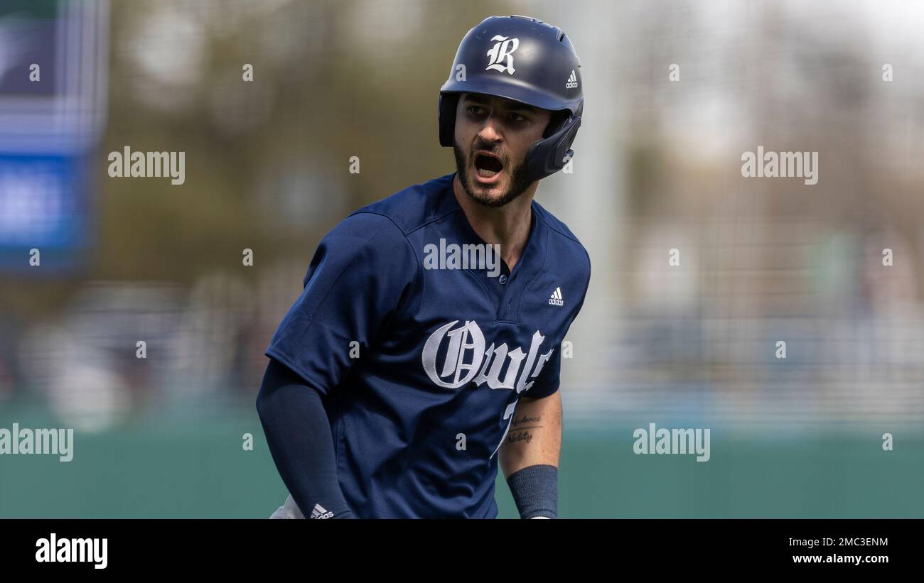 Rice infielder Austin Bulman celebrates a home run against Texas during ...