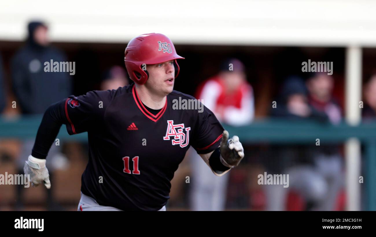 Arkansas St. catcher Brandon Hager (11) runs to first during an NCAA ...