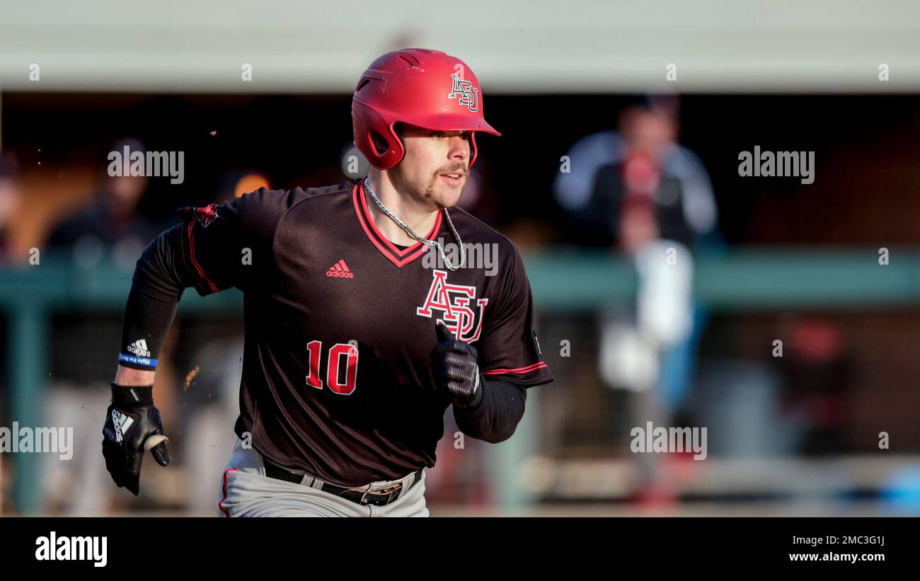 Arkansas St. infielder Jacob Hager (10) runs to first during an NCAA ...