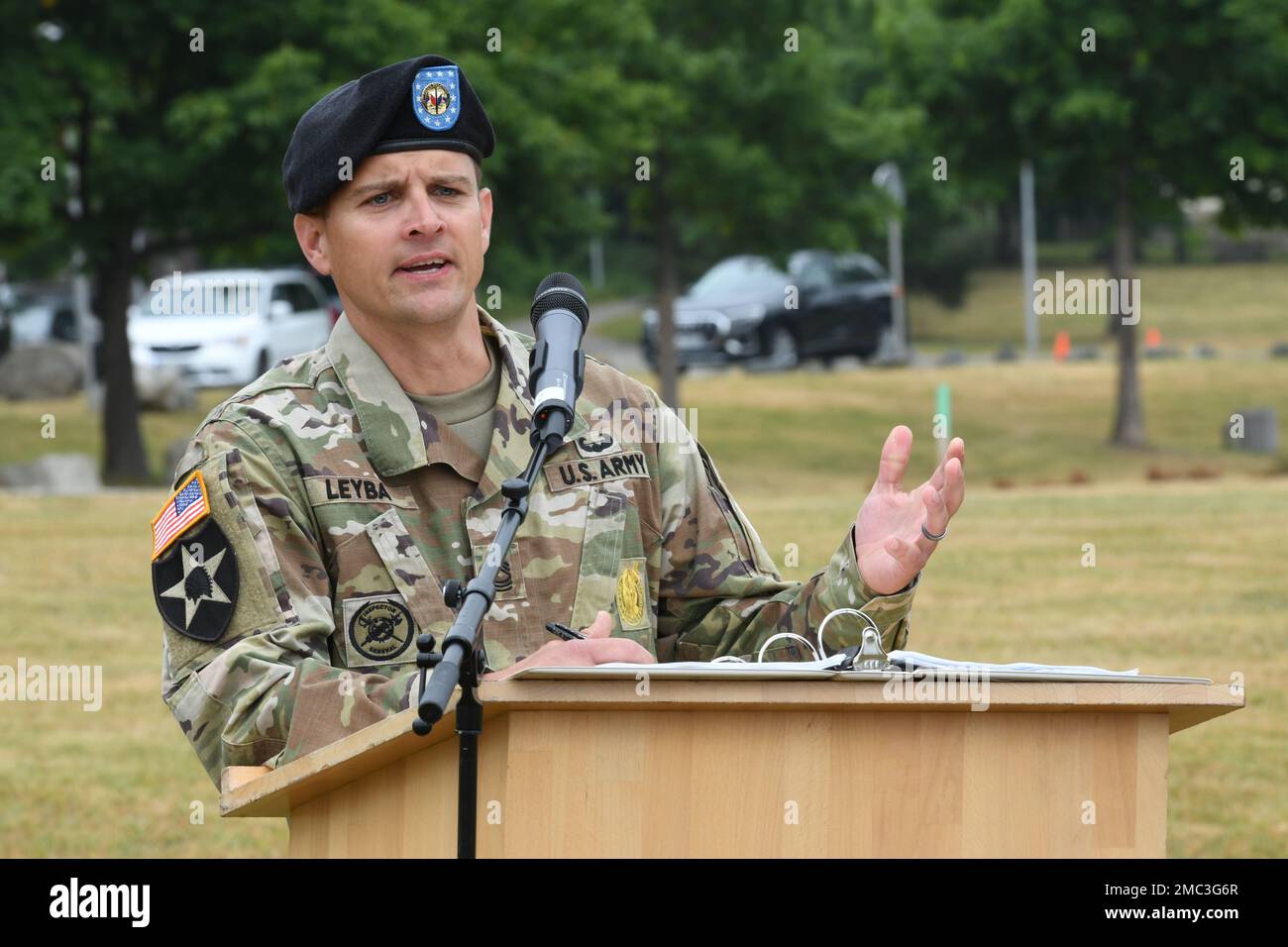 Master Sgt. Randolph Leyba provides remarks at the Army Field Support ...