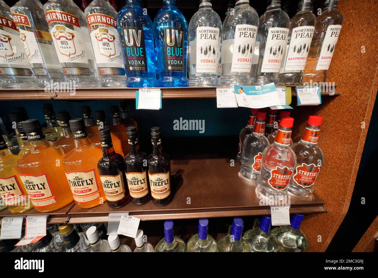 This is a display of domestic Vodka brands in an ABC Wine and Spirits ...